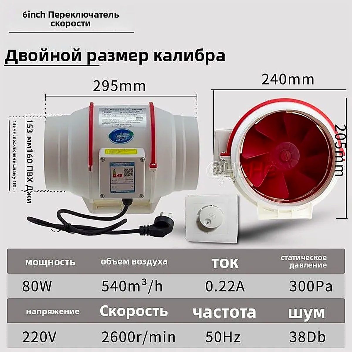 Канальный вентилятор 150 мм, ширина 240 мм, высота 205 мм, 34x22x21 см