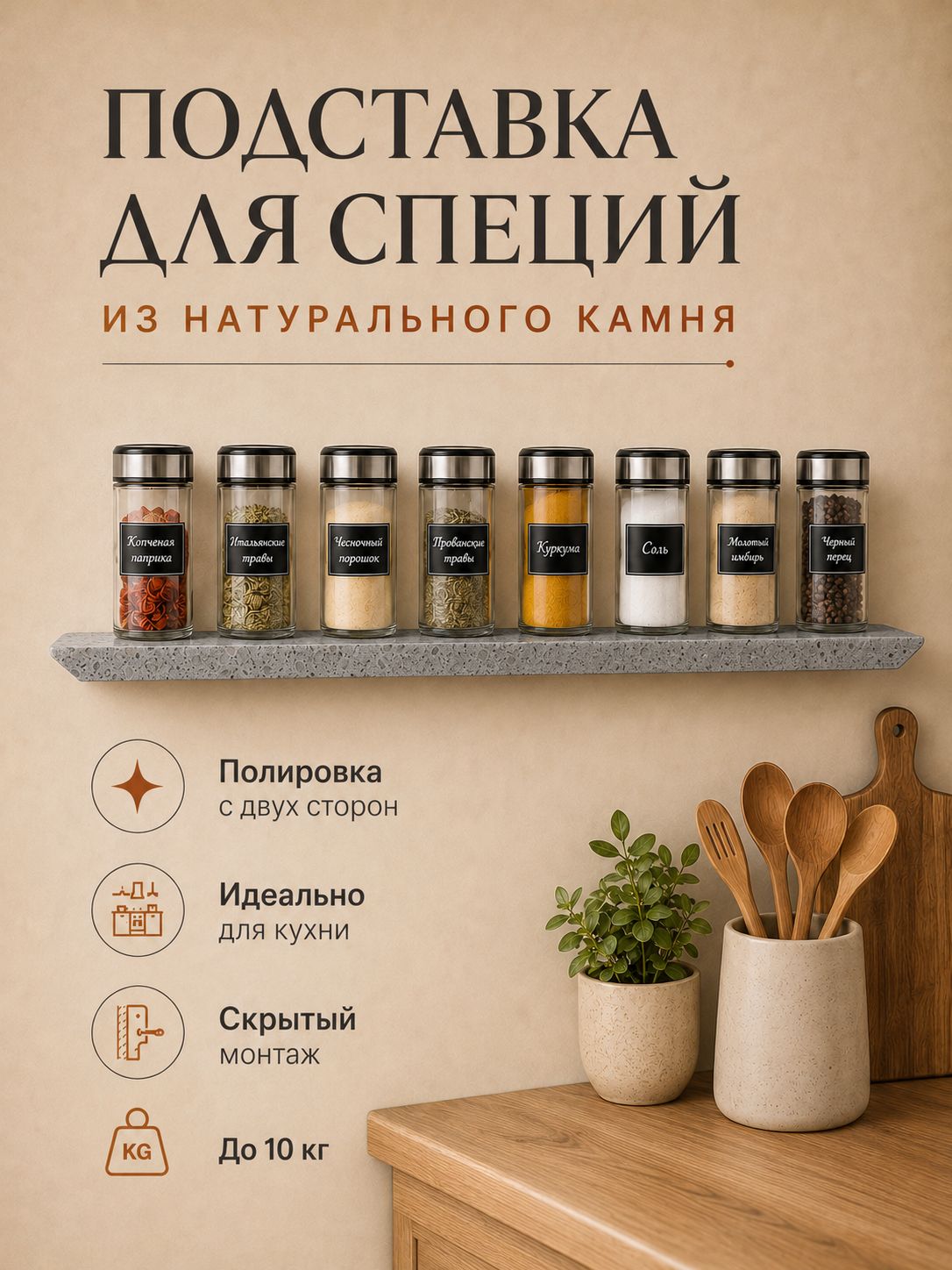 Каменная полка под специи,60*8*2, прямая из агломерата, цвет 236 Серый