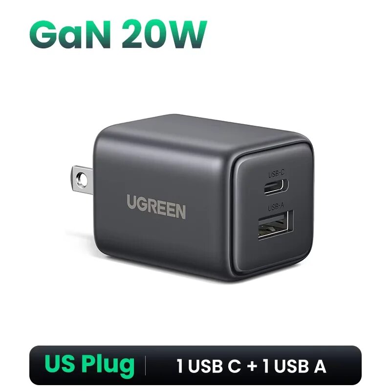 Зарядное устройство UGREEN 20W GaN с разъемом US Plug для iPhone 16 15 14 Pro Max, US GaN 20W Black