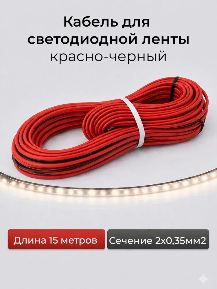 Кабель для светодиодной ленты красно-черный швпм 2х0,35 мм2, длина 15 м