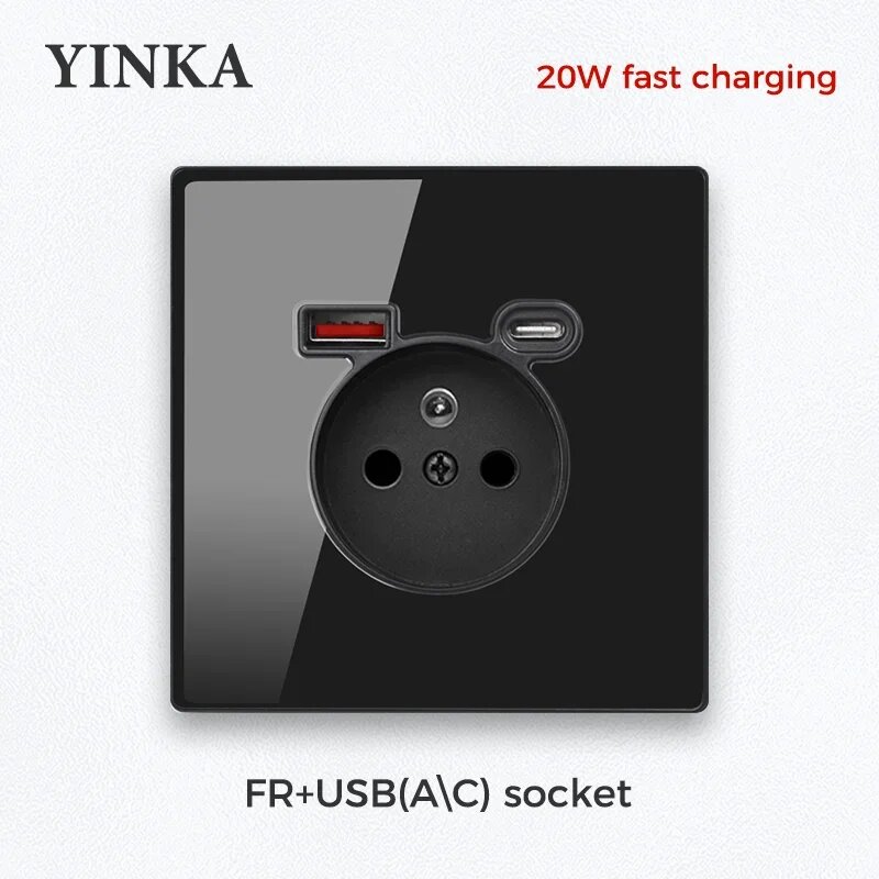 Настенная розетка YINKA EU FR с USB Type-C 20Вт M Black FR 20w AC