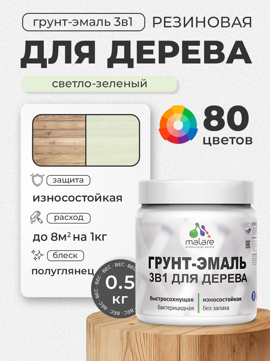 Резиновая Грунт-Эмаль 3 в 1 Malare для деревянных поверхностей/ краска по дереву с антисептическим эффектом/ быстросохнущая моющаяся без запаха полуглянцевая, светло-зеленый, 0.5 кг
