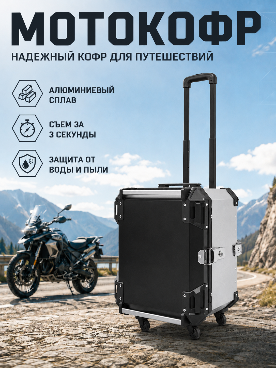Кофр для мотоцикла 55 литров усиленный противоударный, водозащищенный корпус, быстросъемное крепление, с колесами для удобной перевозки