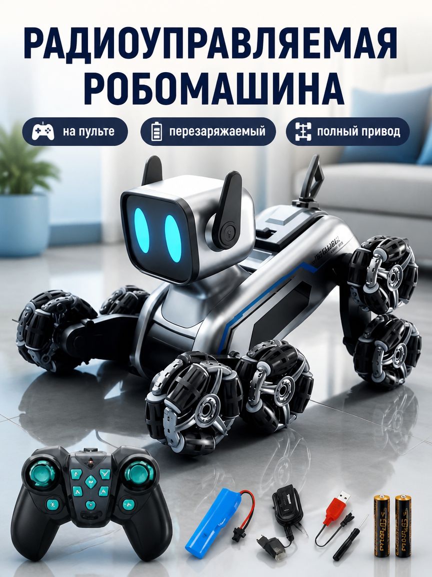 Радиоуправляемая машинка-робопёс с 8 колёсами, серебристо-чёрная: пульт + часы для управления жестами, зарядный кабель, подарочная коробка, 1 комплект