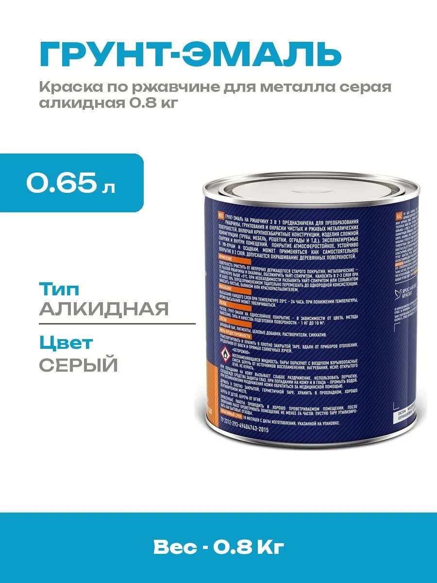 Алкидная краска по металлу серая 3 в 1 по ржавчине 0.8 кг