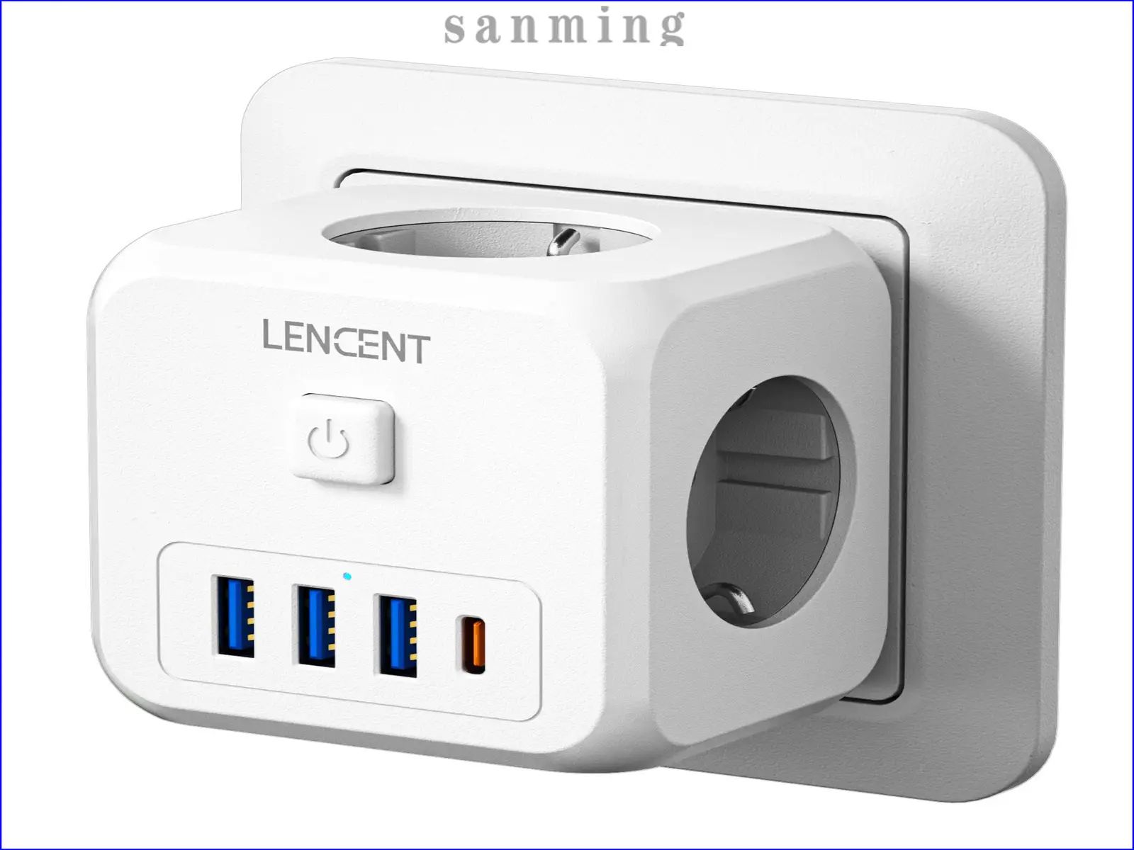 Тройник для розетки LENCENT USB Cube Switching, 4000 Вт, адаптер настенный , 3 розеткой переменного тока с 3 USB и 1 Type-C, шторки, выключатель