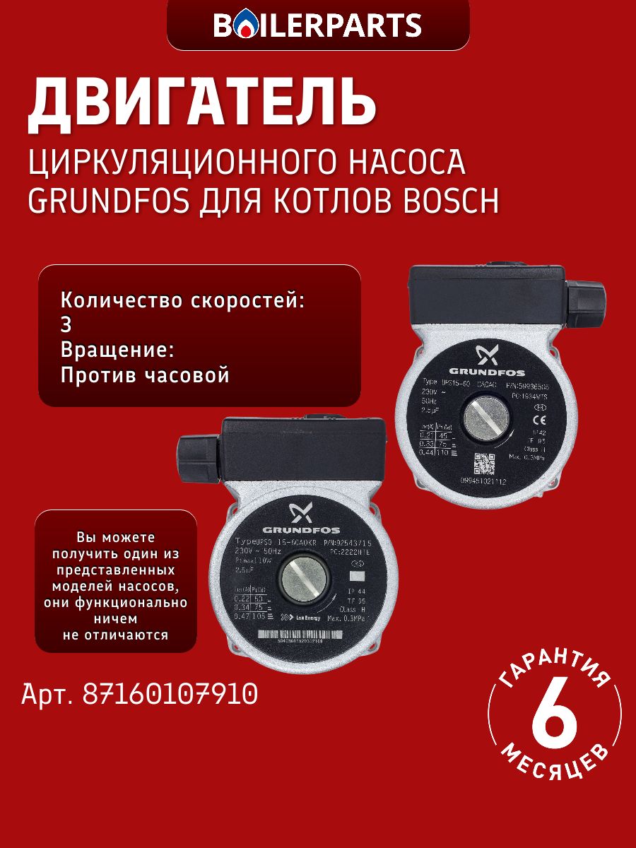 Двигатель циркуляционного насоса Grundfos UPS 15-60 (голова) для котлов Bosch Gaz 7000 W ZSC, ZWC 35-3 MFA 87160107910 (замена 39899038 59546370 150100102)