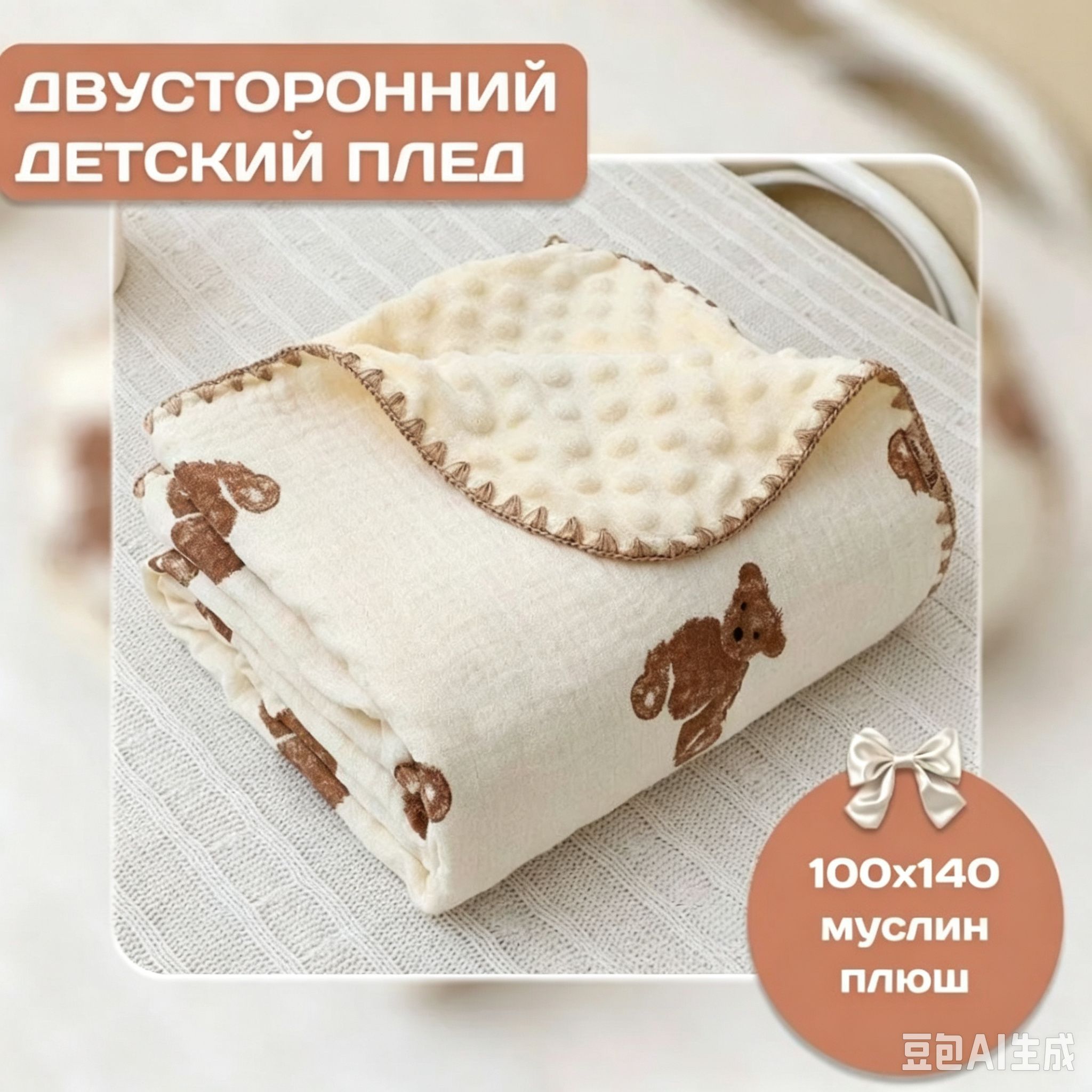 Плед 140x100 см муслин фактурный детский кремовый