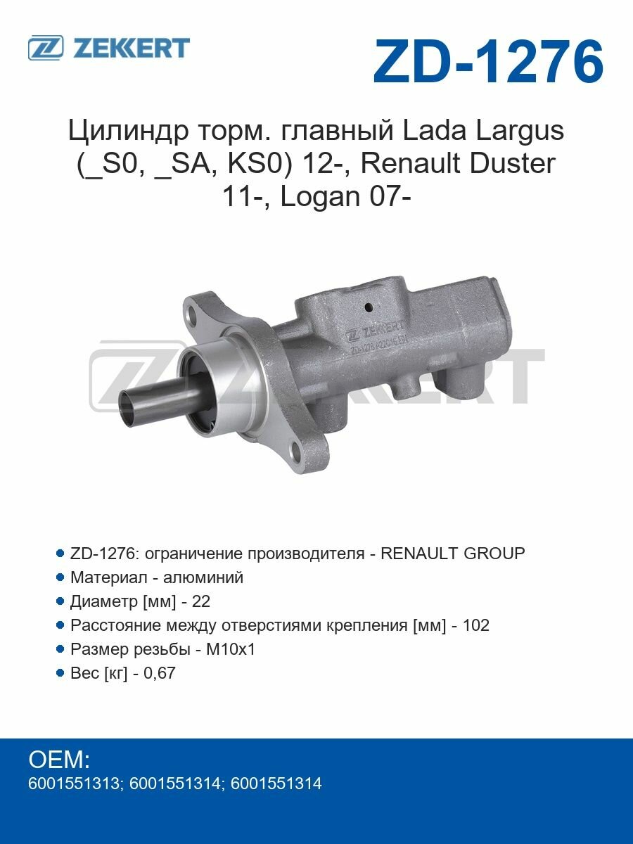 Zekkert Цилиндр тормозной главный Lada Largus (_S0, _SA, KS0) 12-, Renault Duster 11-, Logan 07-