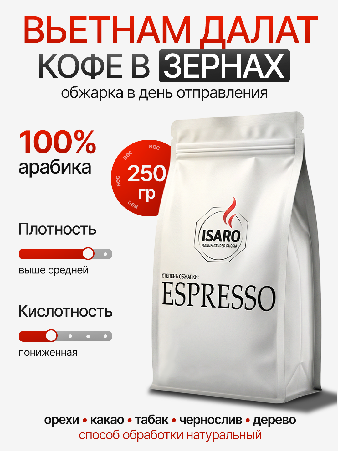 Кофе в зернах, Вьетнам Далат, Isaro, Обжарка под эспрессо, 250 г
