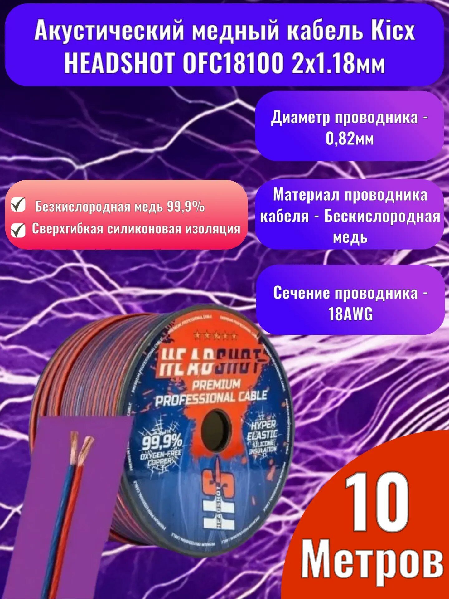 Акустический медный кабель Kicx HEADSHOT OFC18100 2х1.18мм (10 метров)
