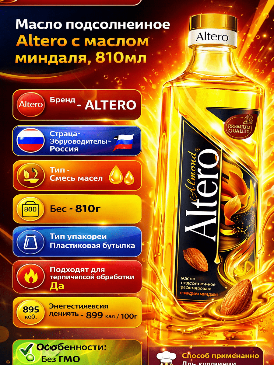 Масло подсолнечное Altero с маслом миндаля рафинированное дезодорированное, 810мл