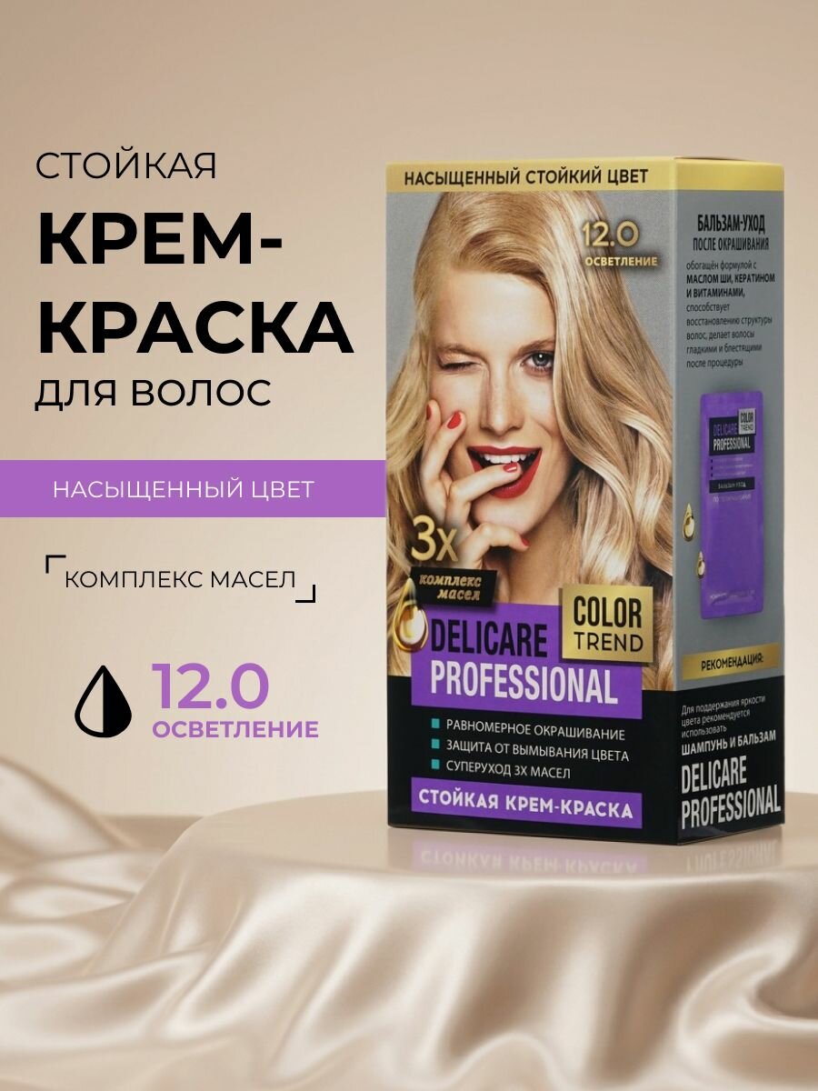 Стойкая крем - краска для волос Delicare Professional Color Trend 12.0 Осветление