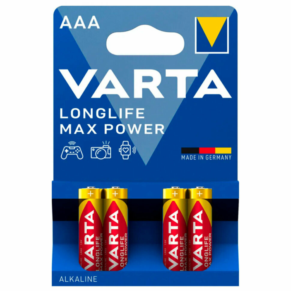 Батарейки алкалиновые "мизинчиковые" комплект 4 шт, VARTA LONGLIFE MAX POWER, ААА (LR03,15А), блистер, 4703101404, 457407