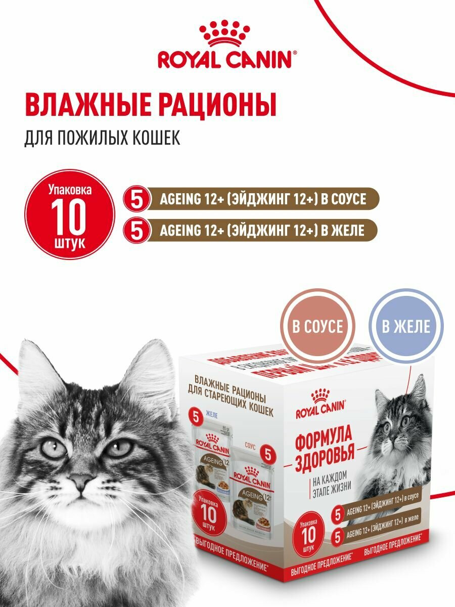Влажный корм для кошек пожилых Royal Canin Ageing, кусочки в соусе, кусочки в желе, 10 шт по 85 г