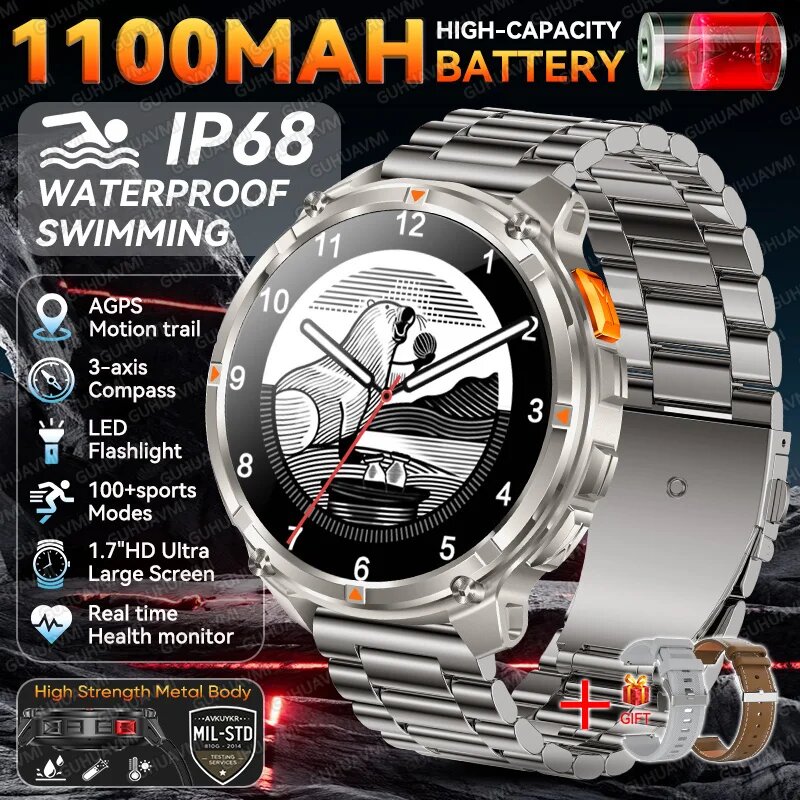 Умные часы мужские Silver Steel 2A, 1100 мАч, GPS, Компас