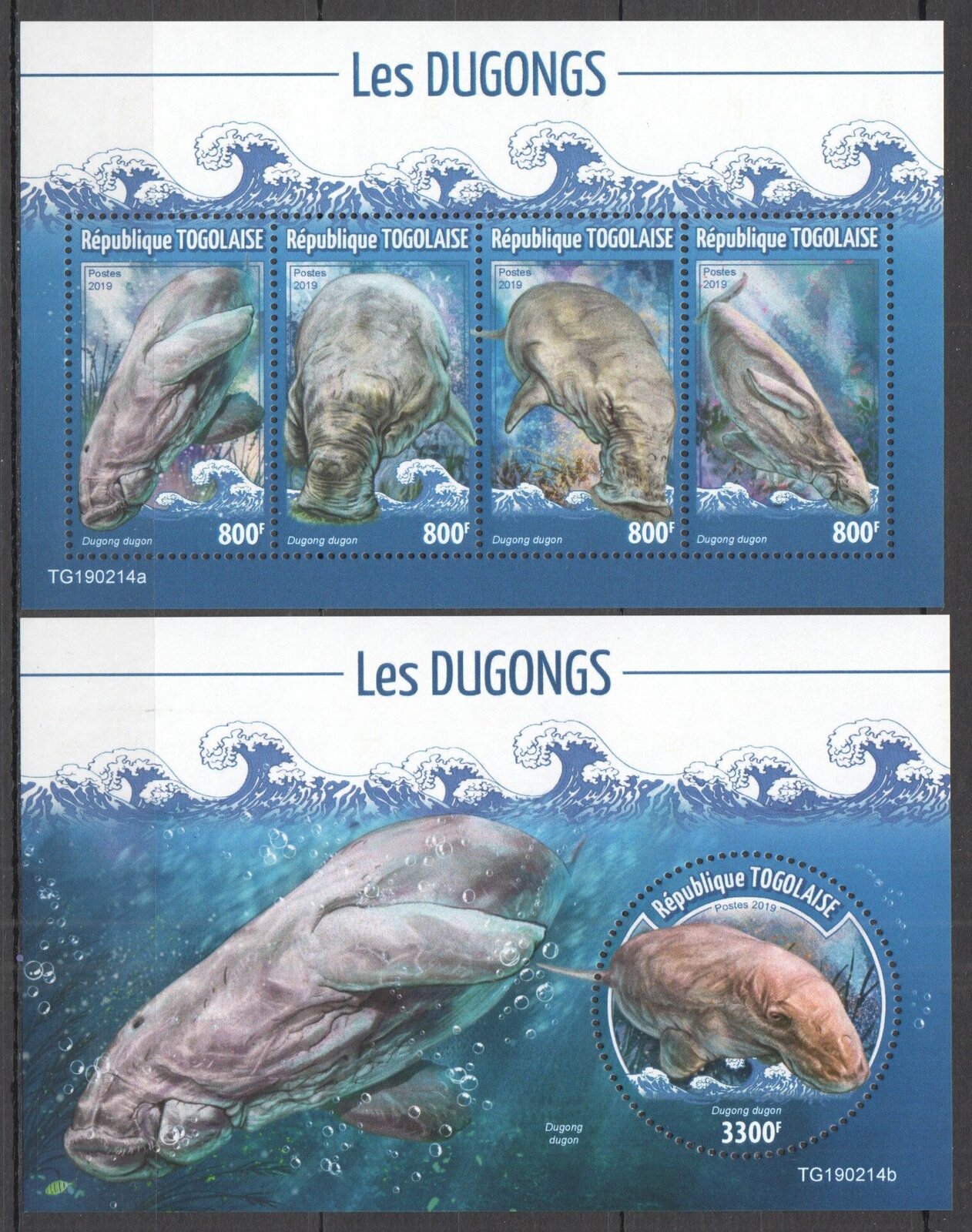Марки 2019 год Того Дюгони Морская жизнь Фауна #6856-6859+Bl1546 Mnh