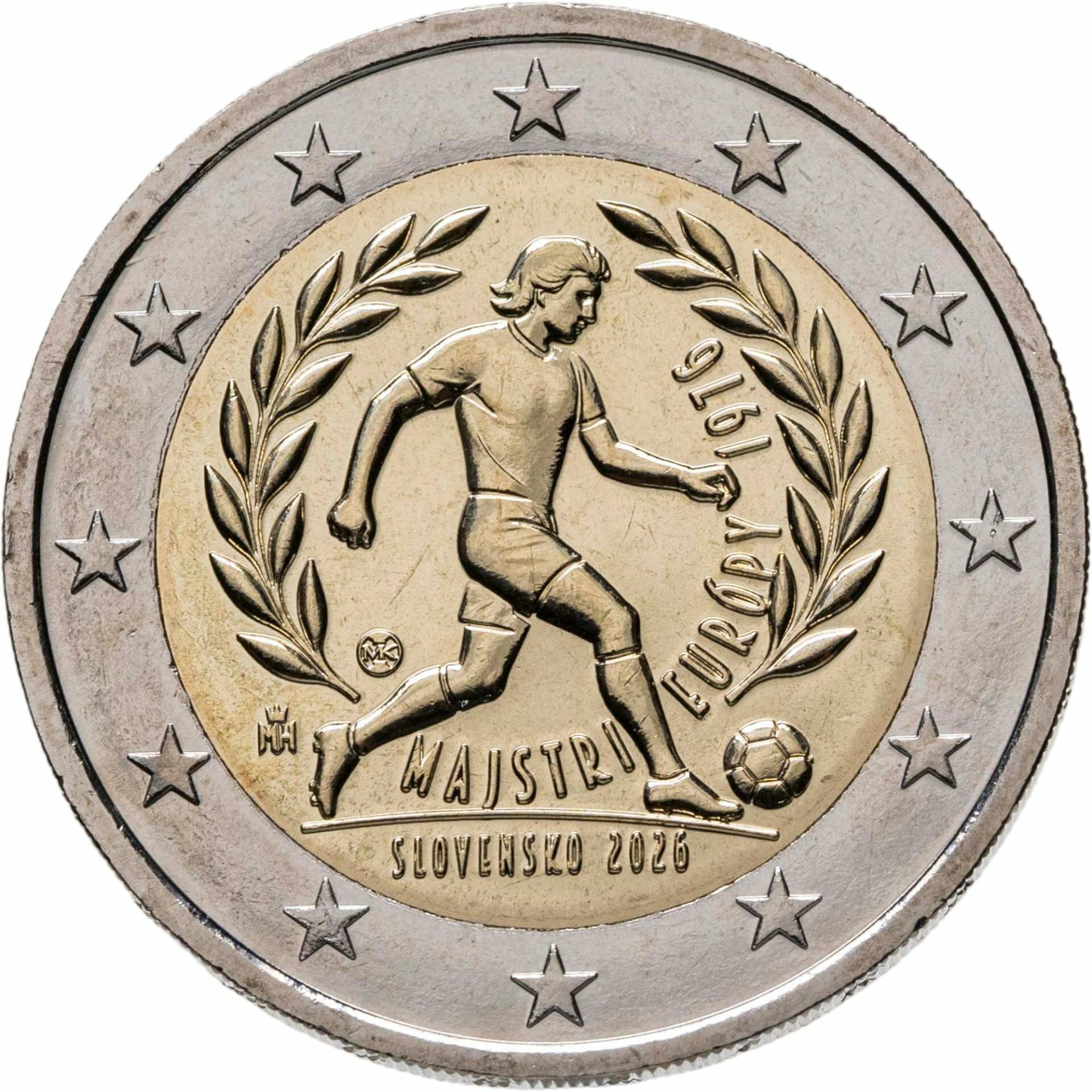 Словакия 2 евро 2026 "50 лет победы сборной Чехословакии по футболу на Чемпионате Европы 1976", Биметалл, в сохранности UNC