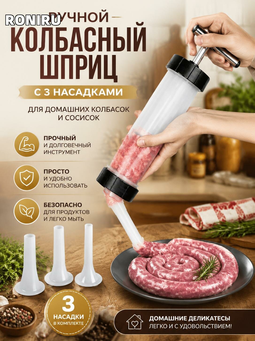 Ручной колбасный шприц с 3 насадками для домашних колбасок и сосисок — прочный инструмент для мясных деликатесов