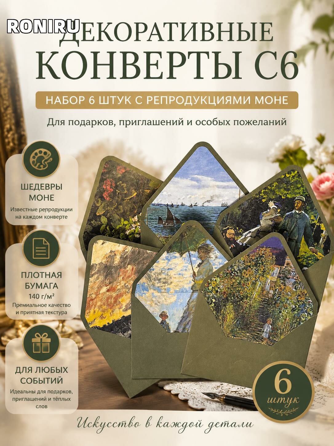 Декоративные конверты С6 для подарков и приглашений — набор 6 шт. с репродукциями Моне, плотная бумага 140 г/м²