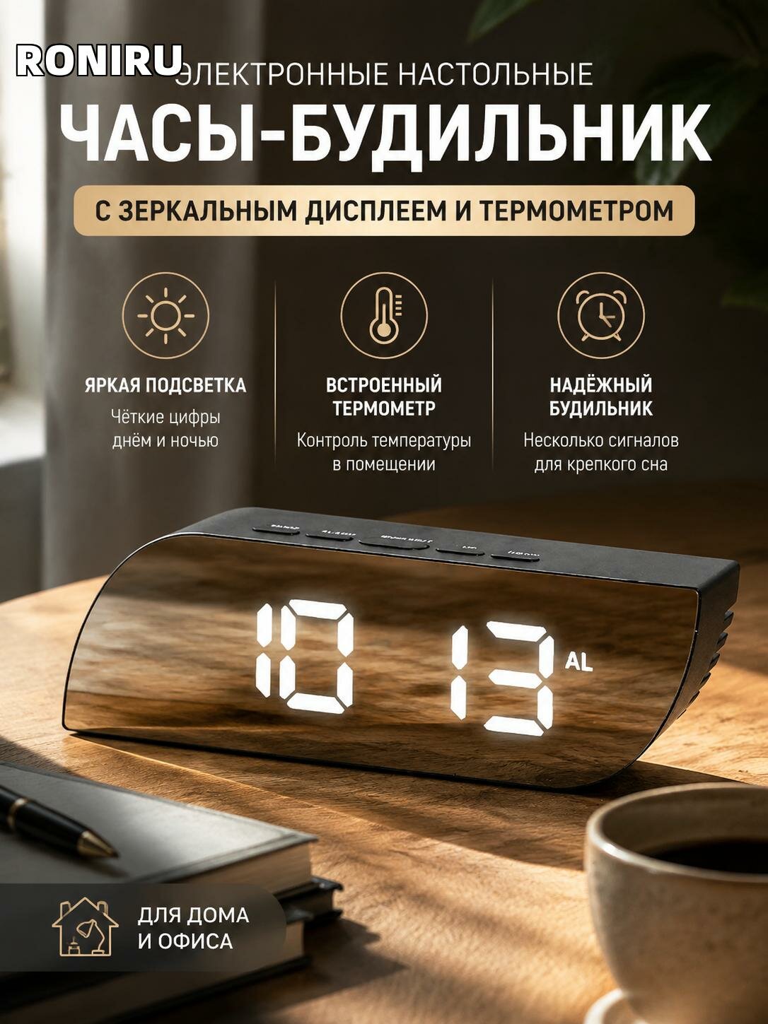Электронные настольные часы-будильник с зеркальным дисплеем и яркой подсветкой, с термометром для дома и офиса