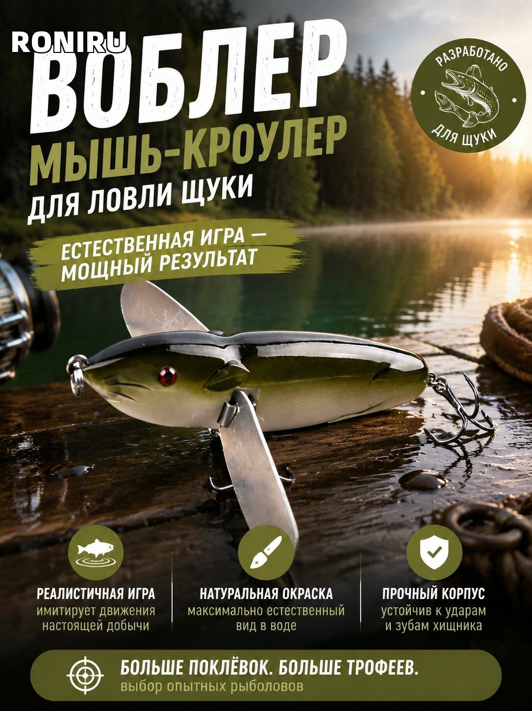 Воблер мышь кроулер для ловли щуки, реалистичная приманка с естественной игрой и привлекательной окраской