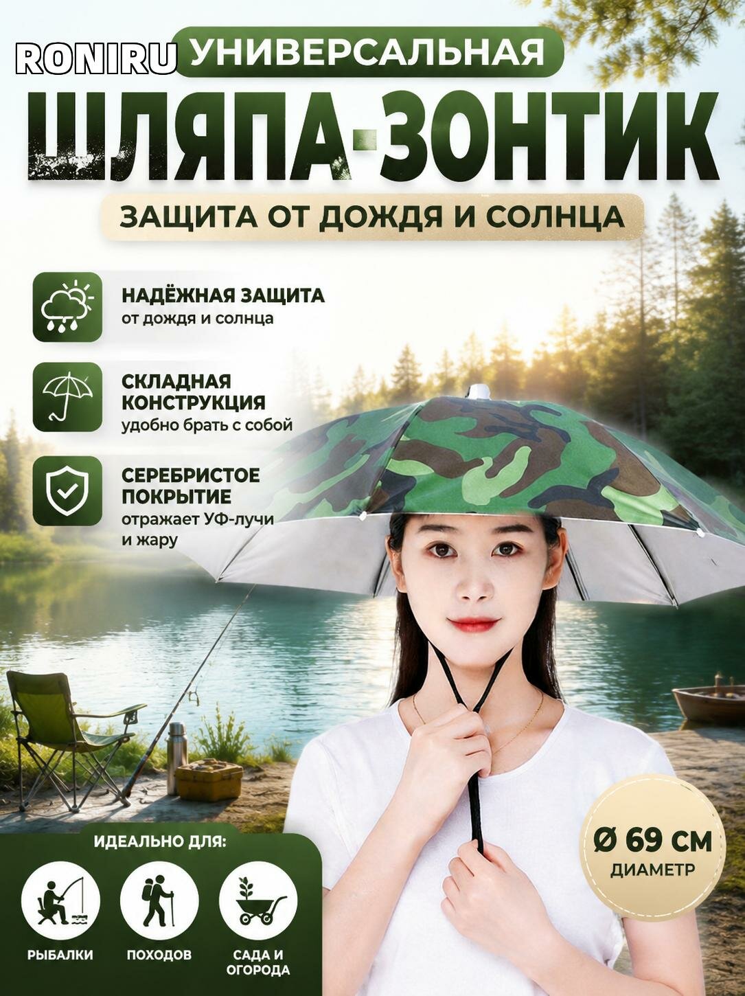 Шляпа-зонтик для взрослых, с креплением на голове и серебристым гелем, 69 см диаметр — складная защита от дождя и солнца для рыбалки, походов и садоводства