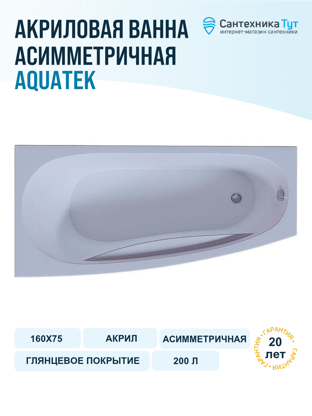 Акриловая ванна Aquatek Пандора 160х75 L PAN160-0000038 без гидромассажа с фронтальной панелью с каркасом (разборный) со слив-переливом