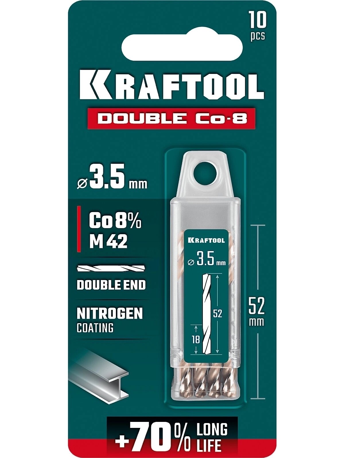 Сверло двухстороннее по металлу KRAFTOOL DOUBLE Сo-8 3.5х52мм, кл. А сталь M42 +8%Co — фото 1