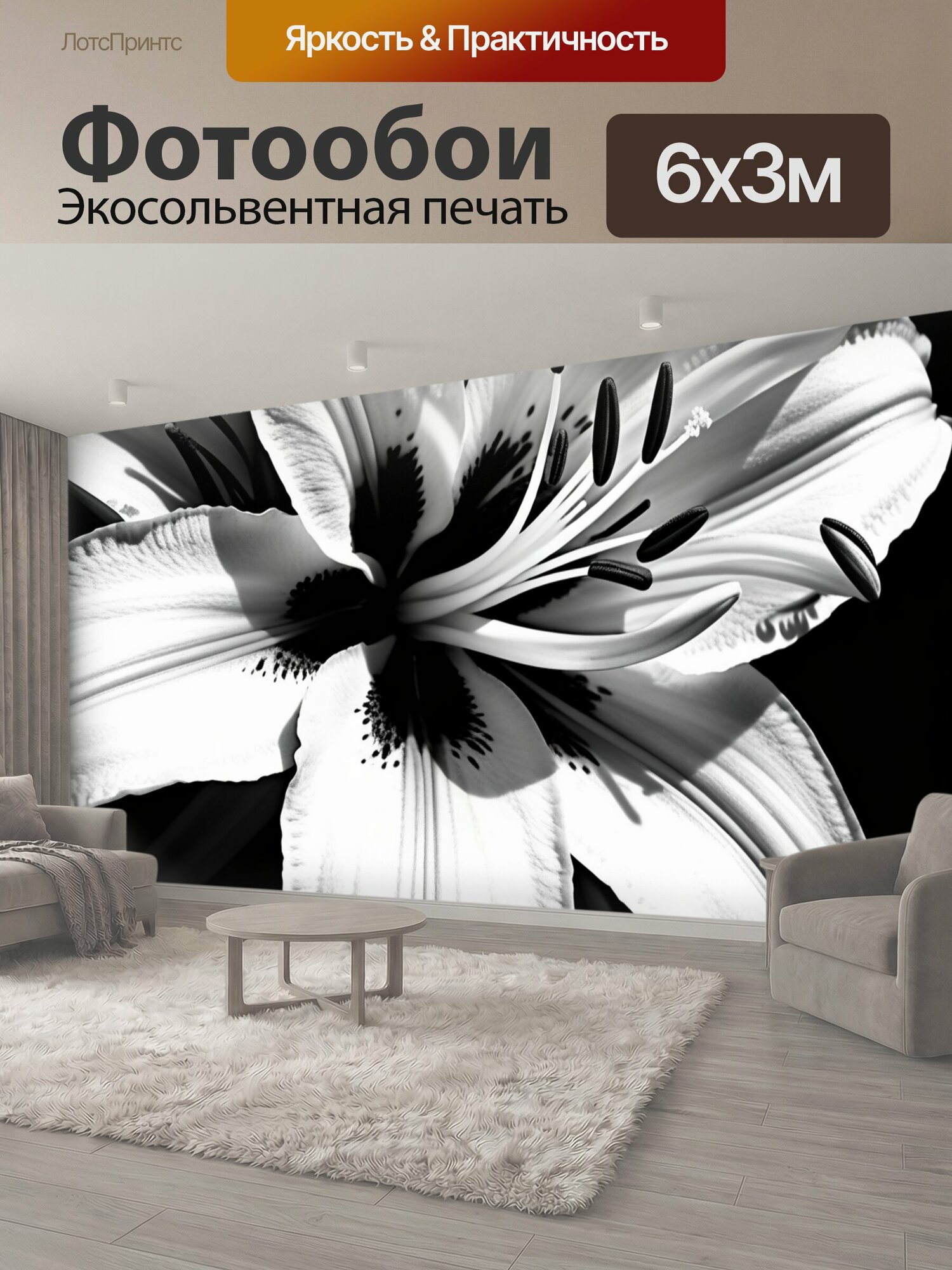 Фотообои "Пейзаж с лилией чернобелый" 600x300 см. экосольвентная печать