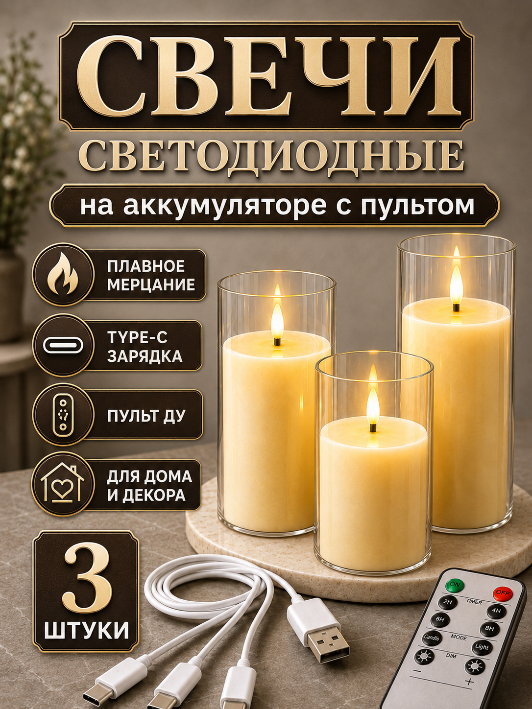 Свечи светодиодные на аккумуляторе с пультом 3 шт с зарядкой