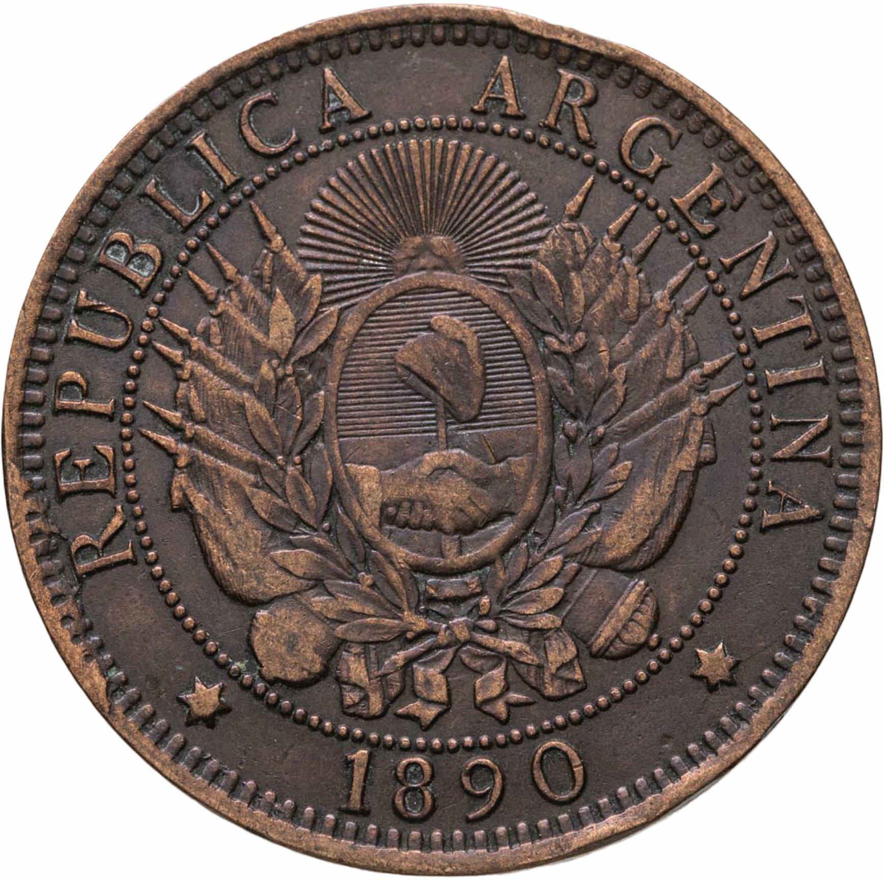 Аргентина 2 сентаво centavos 1890, Бронза, в сохранности VF-XF