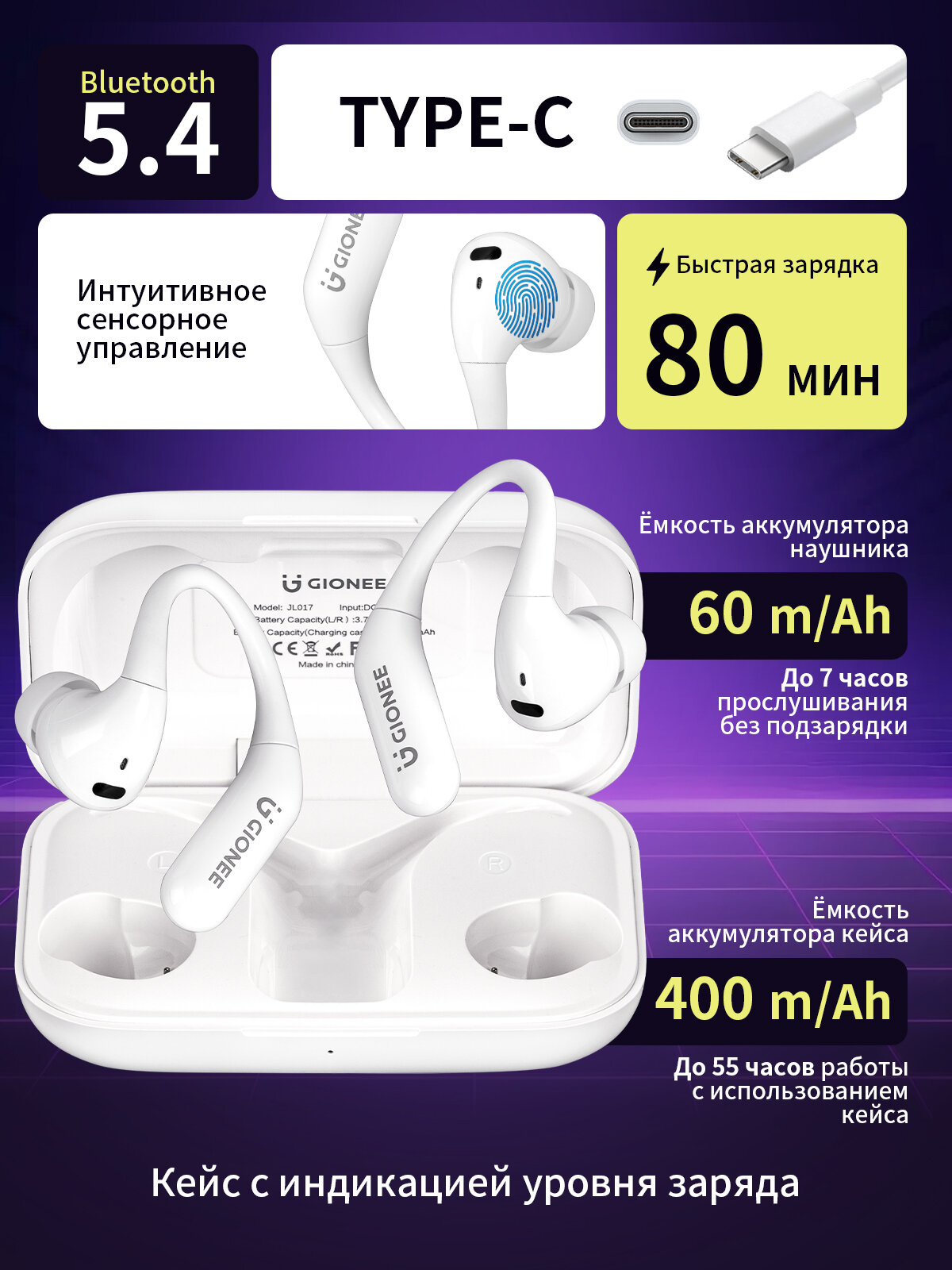 Наушники беспроводные спортивные блютуз Bluetooth 5.4 Спорт с микрофоном
