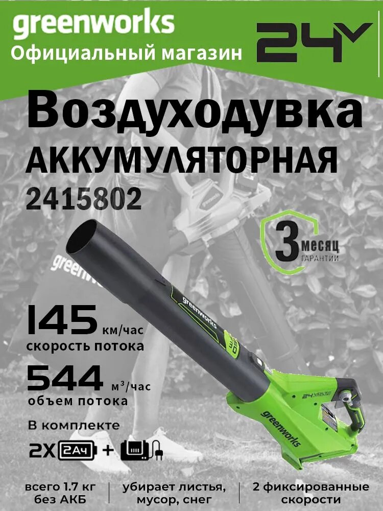 Воздуходувка аккумуляторная Greenworks, 24V, 2АКБ 2АЧ и ЗУ, 2404807