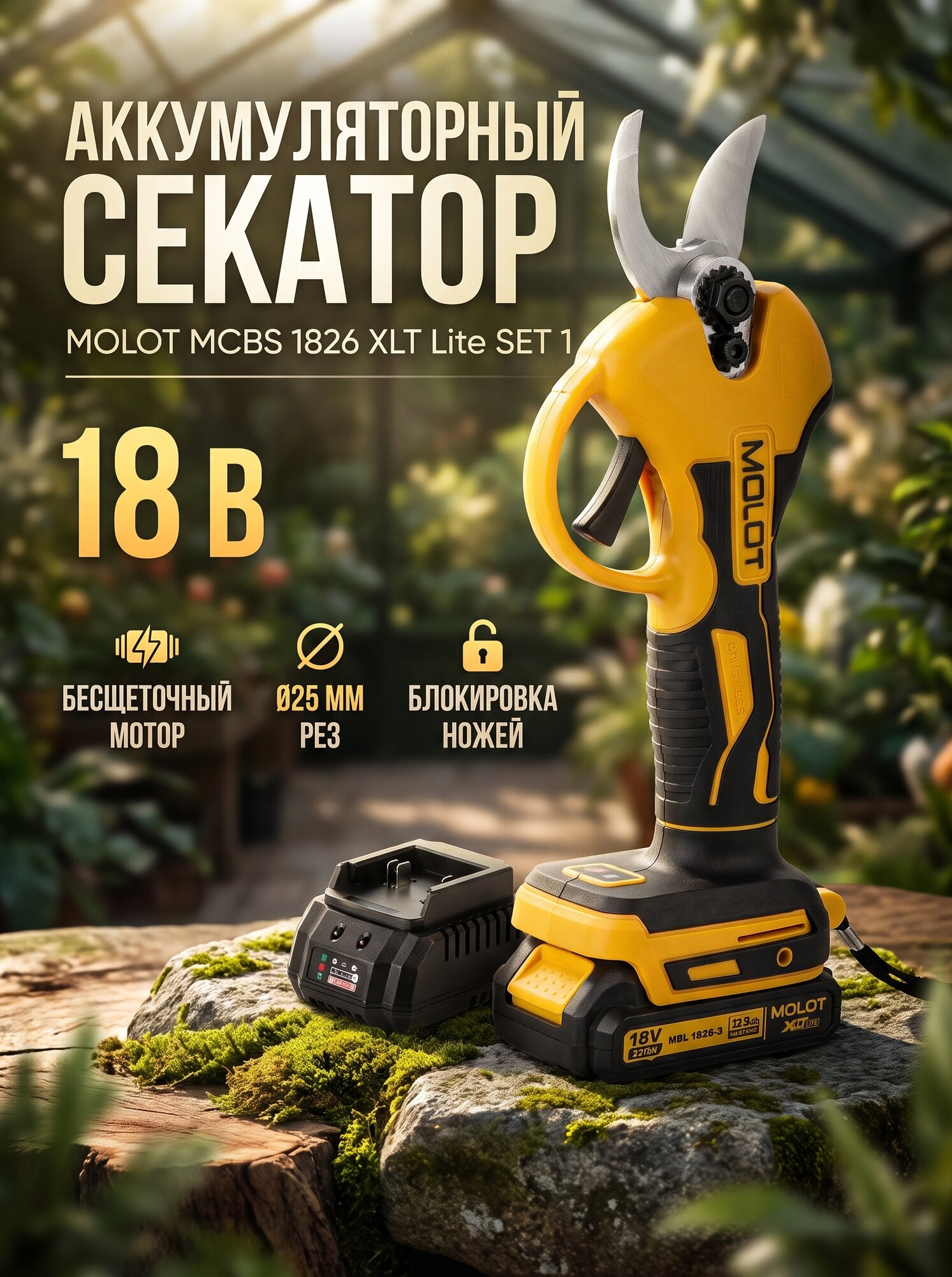 Секатор аккумуляторный садовый MOLOT MCBS 1826 XLT Lite SET 1 (2318186)