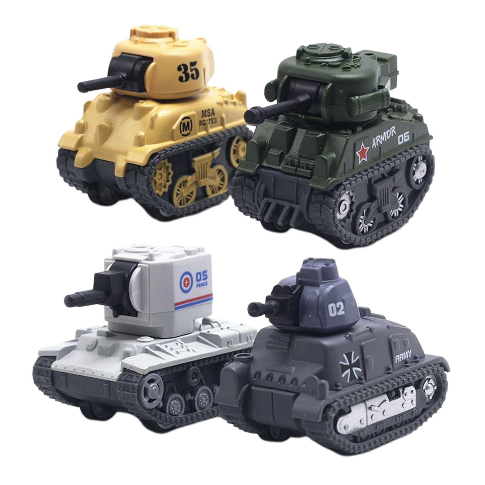 4 игрушечных танка в масштабе 1:64, развивающие игрушки для детей и взрослых, в праздничном стиле.