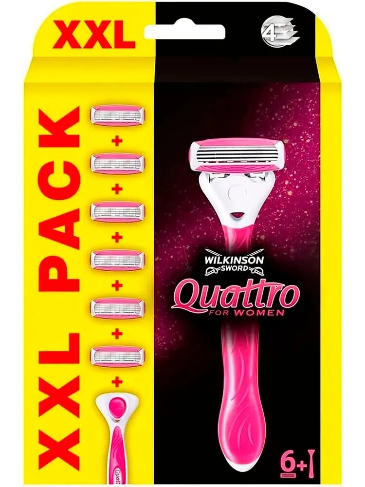 Wilkinson Sword Бритва Schick QUATTRO for Women (1 станок, 6 кассет), женская, 4 лезвия, плав. головка, увл. полоска, прорезиненная ручка