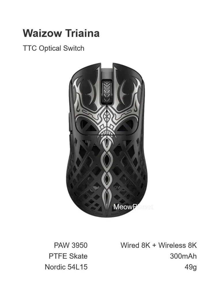 WAIZOWL Игровая мышь беспроводная Triaina, Nordic 54L15, PAW 3950, черный, оливковый