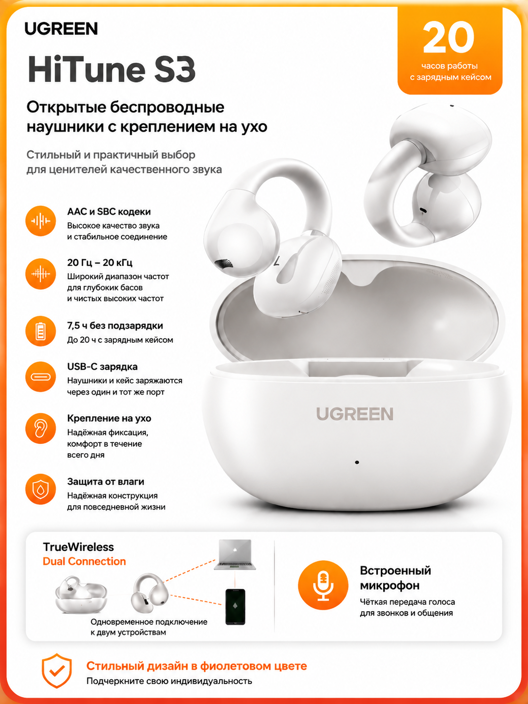 Наушники беспроводные UGREEN WS209 HiTune S3 True Wireless Earbuds Non-in- Ear Open Wearable. Цвет: белый