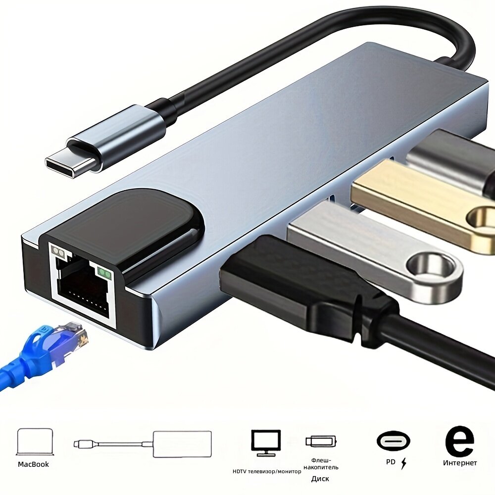 5-в-1 USB-C хаб-адаптер с HDMI, RJ45, USB 3.0, PD для Mac и Windows PC