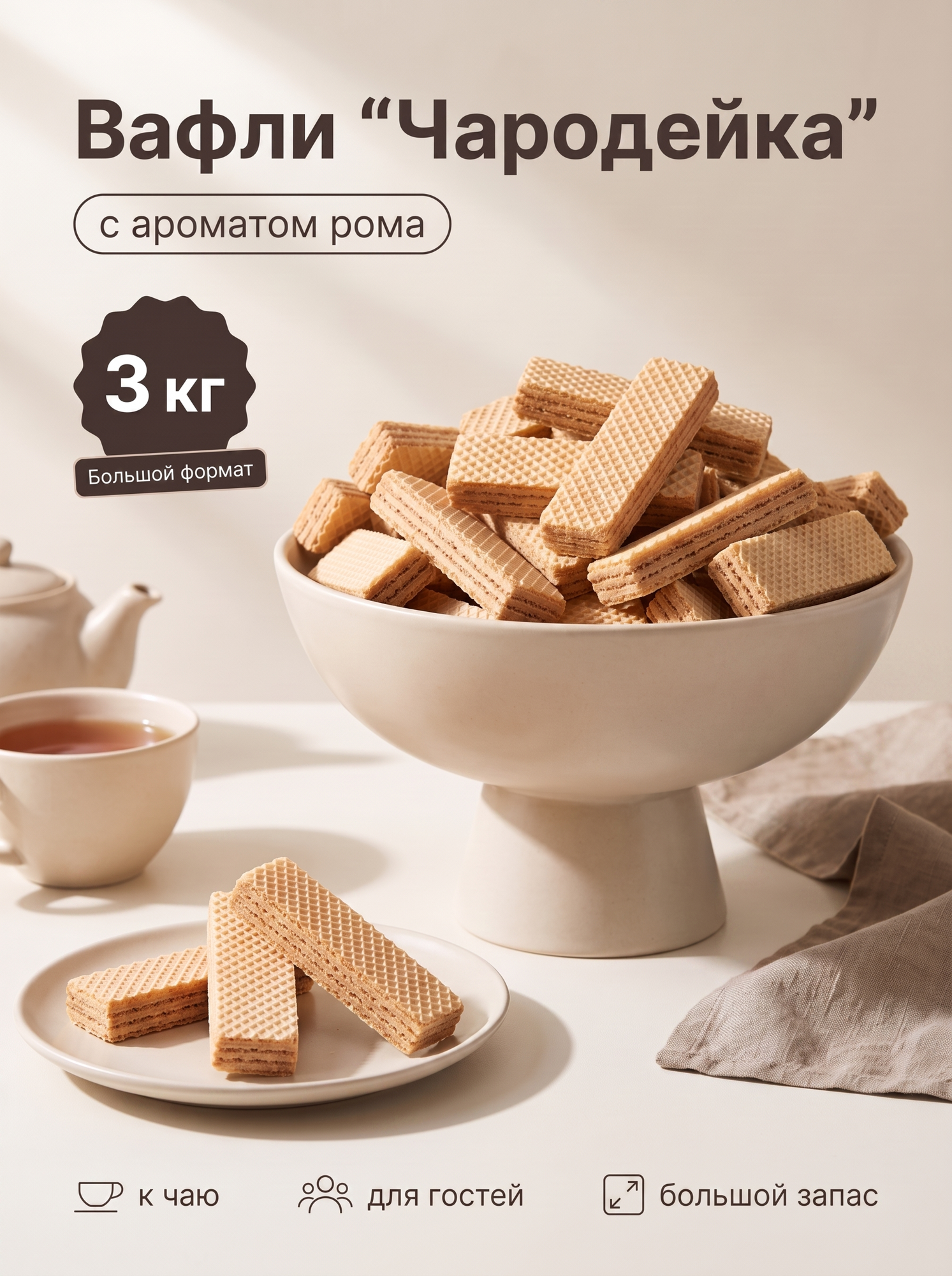 Вафли Восторг Чародейка Мир сладостей 3 кг, хрустящие вафли с ароматом рома для семьи, офиса и гостей