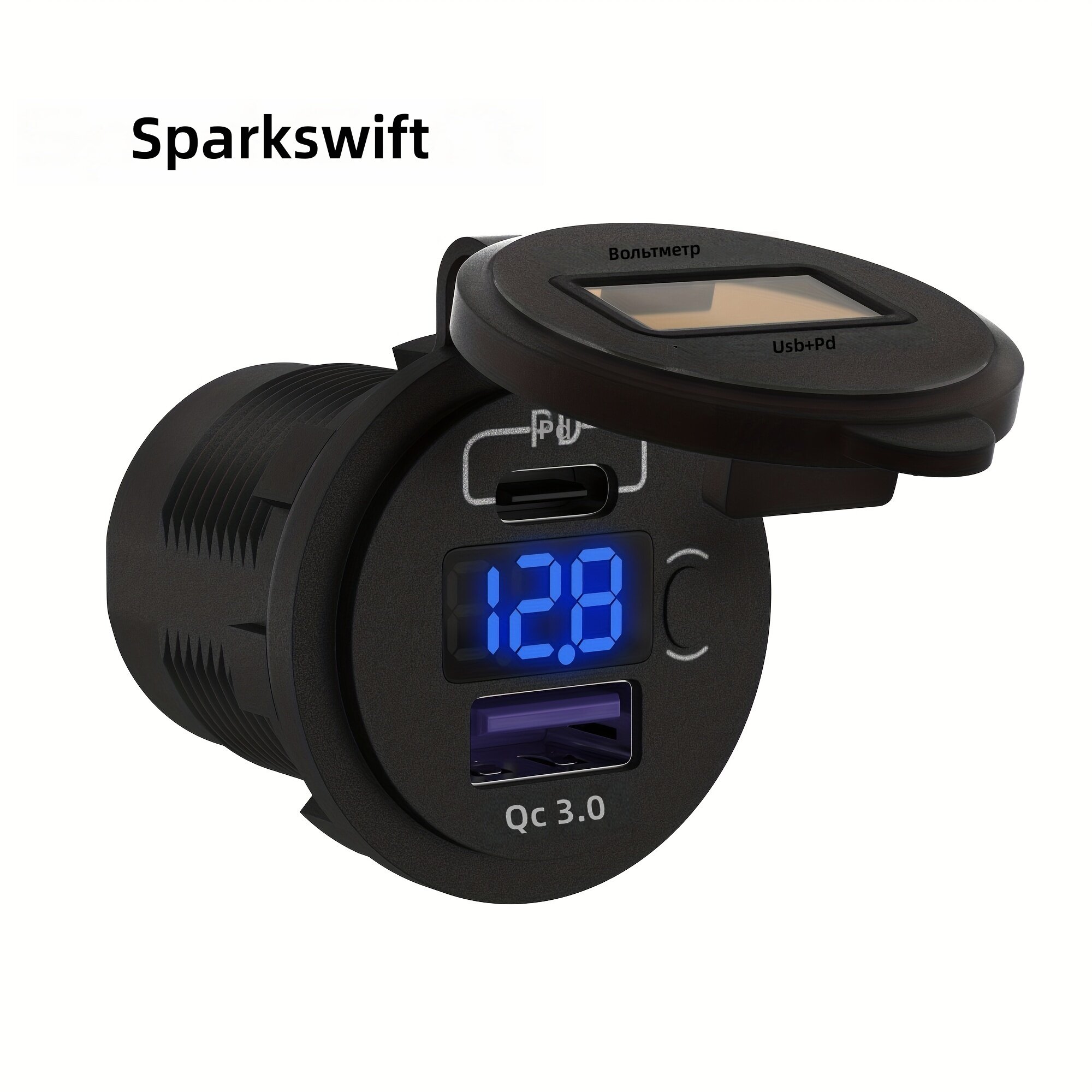 Автомобильное зарядное устройство 12V с PD и QC3.0, USB-порт, дисплей напряжения, защитная крышка, предохранитель, синий светодиод, стандартная гайка