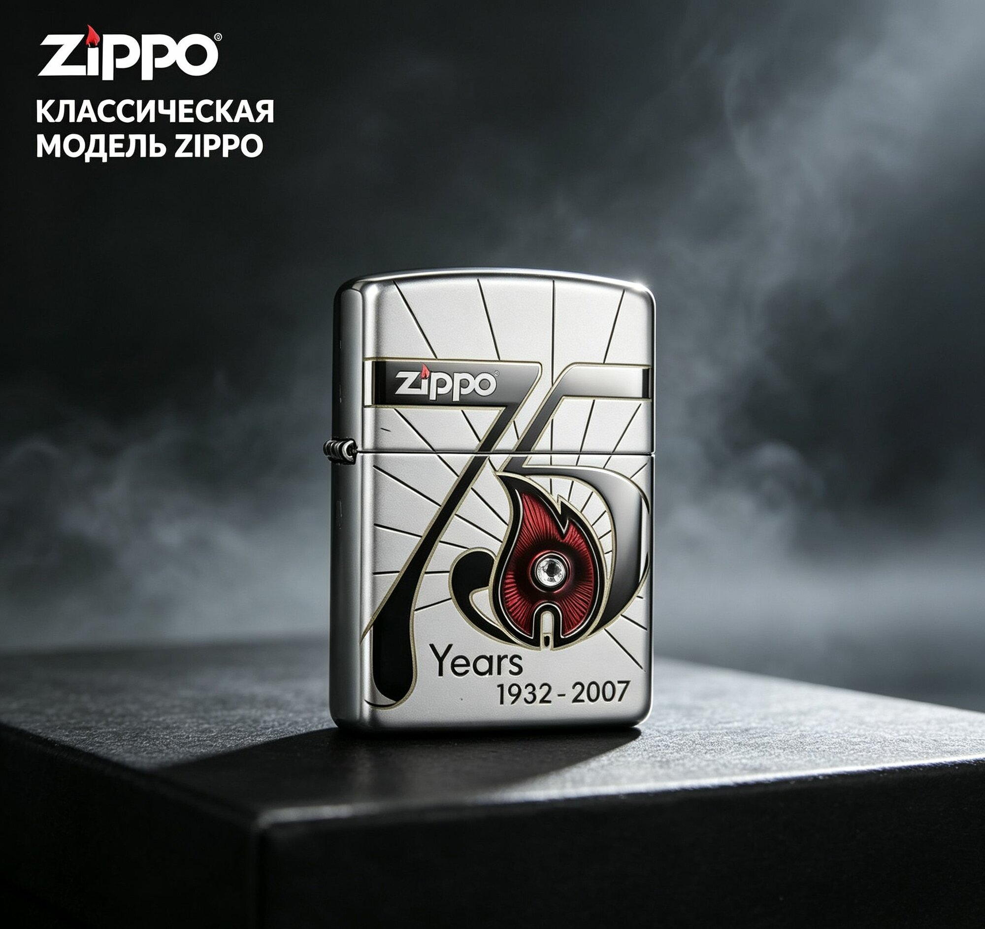 Zippo, серия "75 лет, лучевой гравированный узор, эмблема пламени со стразами", пустая(без заправки)