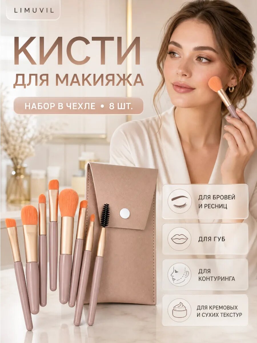 Набор косметических кистей для макияжа лица глаз губ 8шт