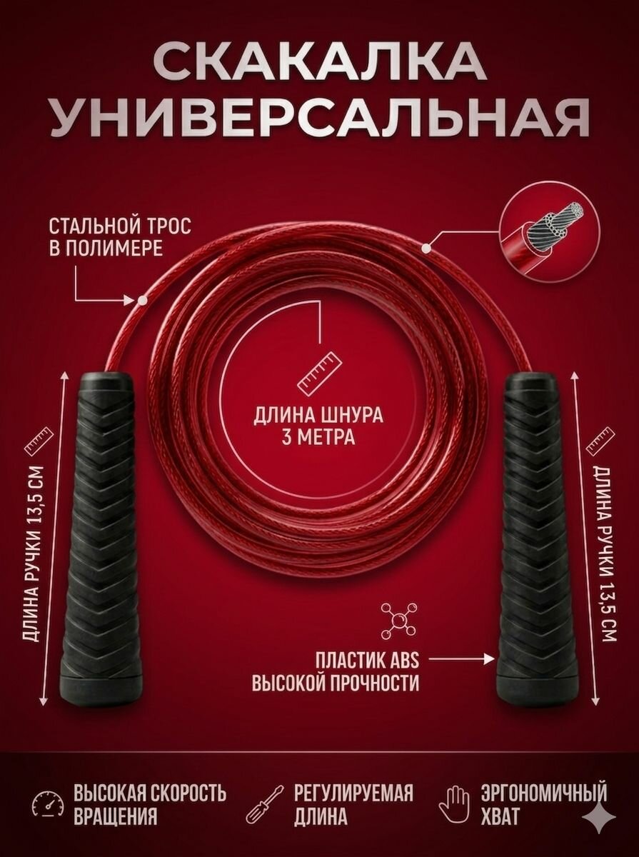 Скакалка универсальная 3м со стальным шнуром в полимерной оболочке, красный