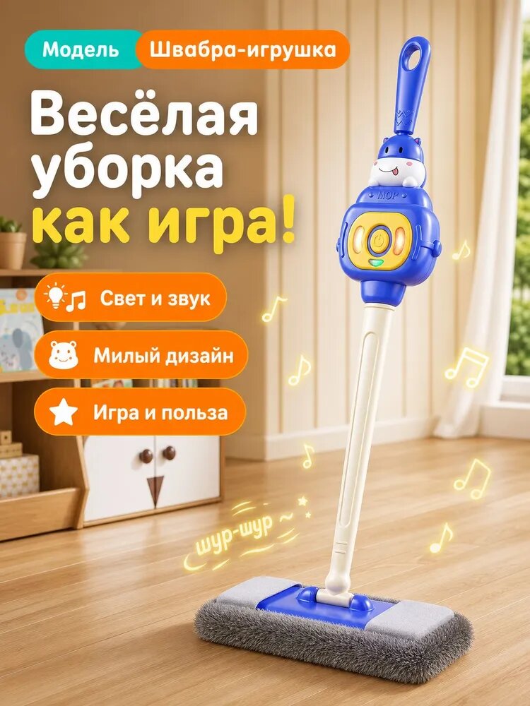 Сюжетно-ролевые игрушки / Детская игрушечная швабра для уборки / с музыкой и подсветкой / мультяшный дизайн
