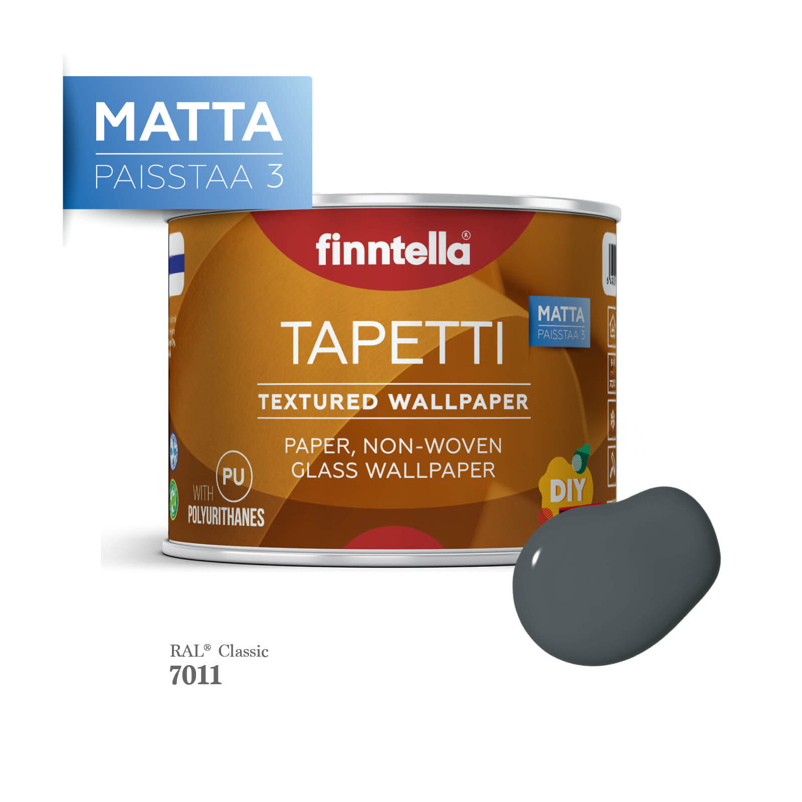 Матовая краска для обоев под окраску TAPETTI Matta FINNTELLA, Цвет RAL 7011 Железно-серый (Iron grey), 0,45л