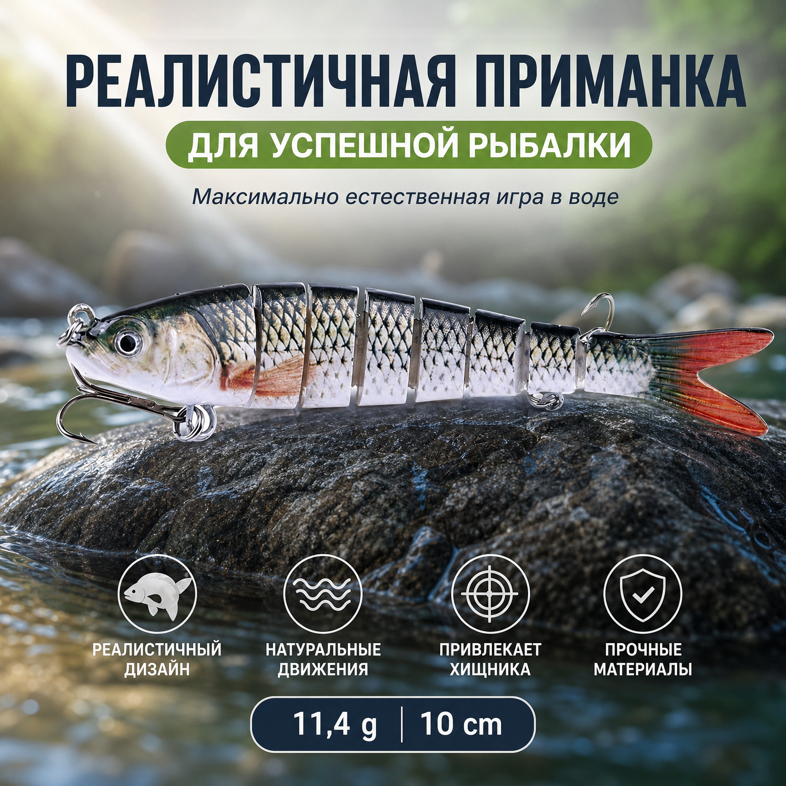 Воблер тонущий для хищников 11,4гр / 10см / 8 сегментов / Реалистичная искусственная приманка / На окуня, судака, щуку (Цвет товара: серо-серебристый; Длина: 100 мм)