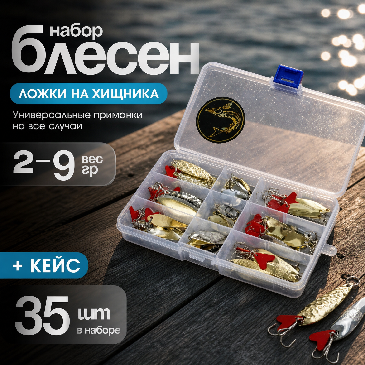Набор для рыбалки / Блесна на хищника / Ложки колебалки / Универсальные приманки / Подарок рыбаку / Кейс в комплекте (Вес: 2-9 гр; Цвет: золотой; Комплектация: Пластиковый кейс и 35 блесен; Размеры: 180x110x40 мм)