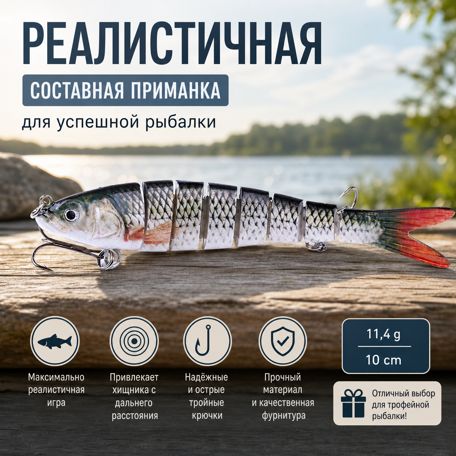 Реалистичная составная воблерная приманка для рыбалки на хищников 11,4г / 10см / 8 сегментов / Искусственная наживка / на окуня / на судака / на щуку (Цвет товара: серый; Длина: 100 мм)